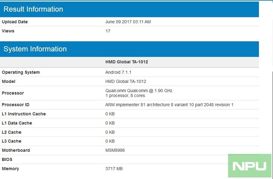 Nokia 9 variant TA-1012 Specs leaked at GeekBench: SD 835 & 4GB RAM